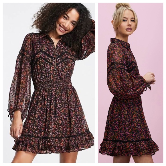 Topshop | Dresses | New Nwt Topshop Asos Ditsy Floral Poof Sleeve Semi Sheer Mini Tea Dress 8 ...